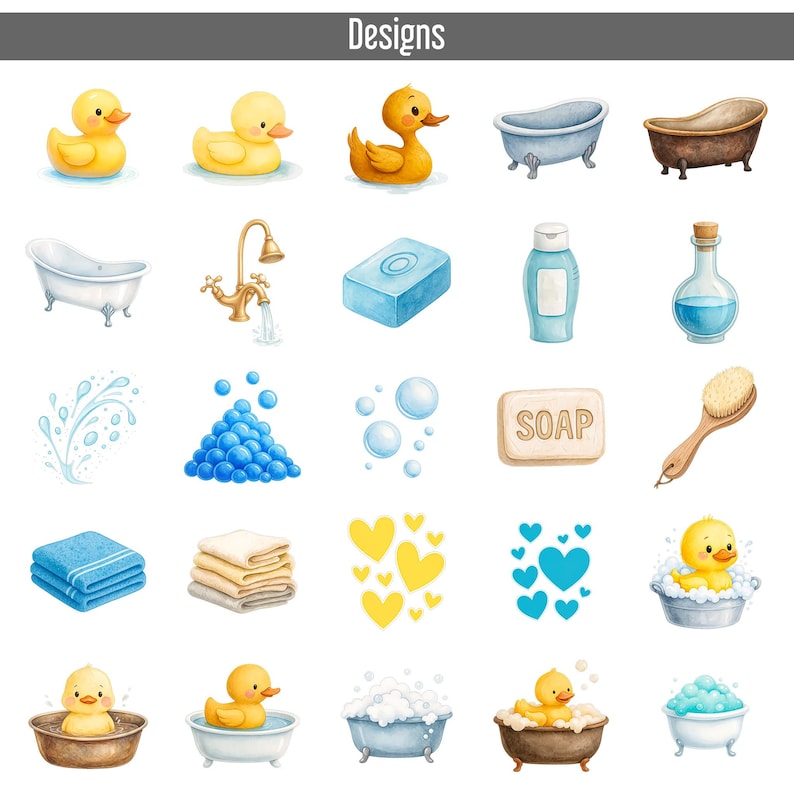 25 Rubber Duck Clipart Bundle, Cute Bath Time Watercolor PNG, Bubbles ...
