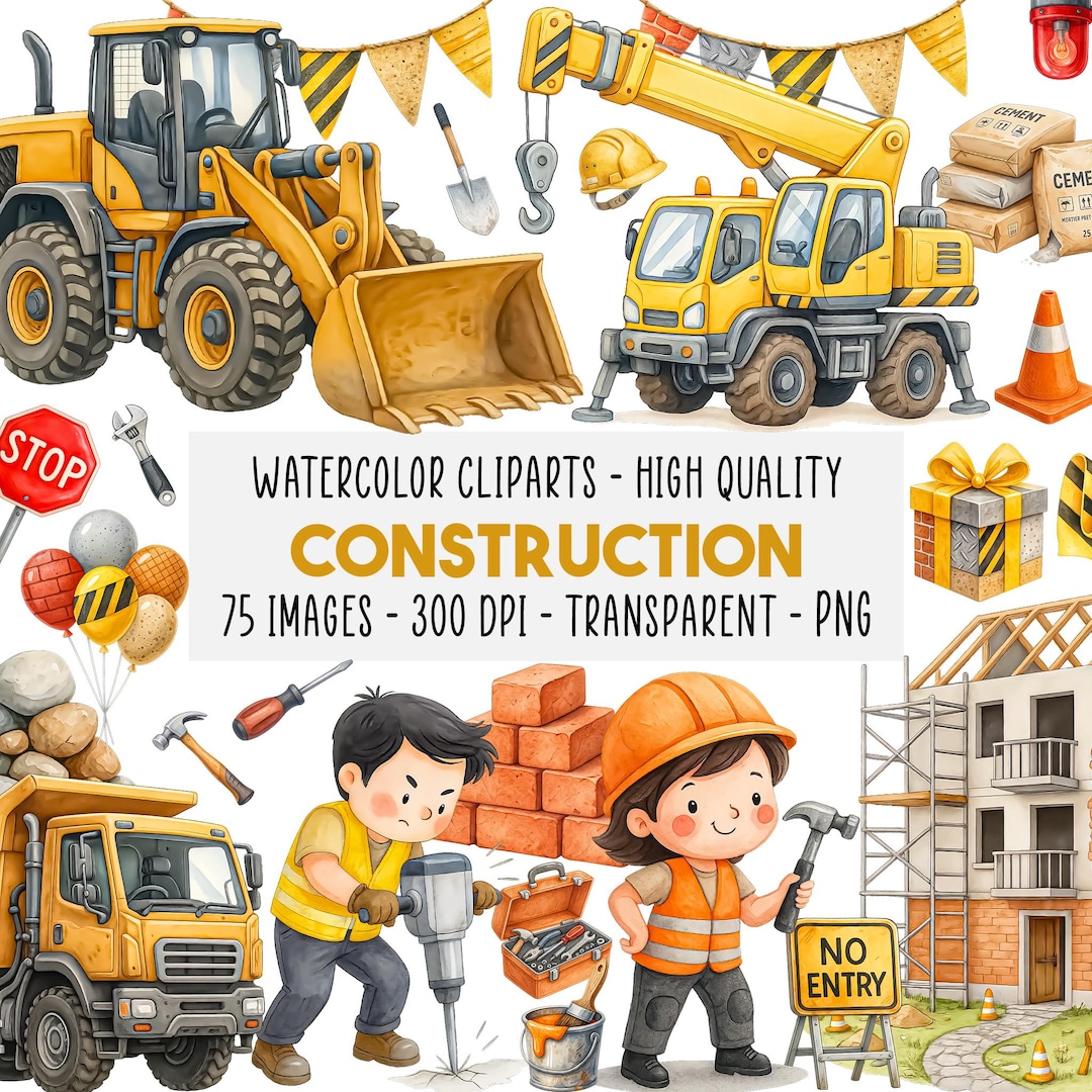 75 Construction Watercolor Clipart PNG Bundle, Construction Vehicles ...