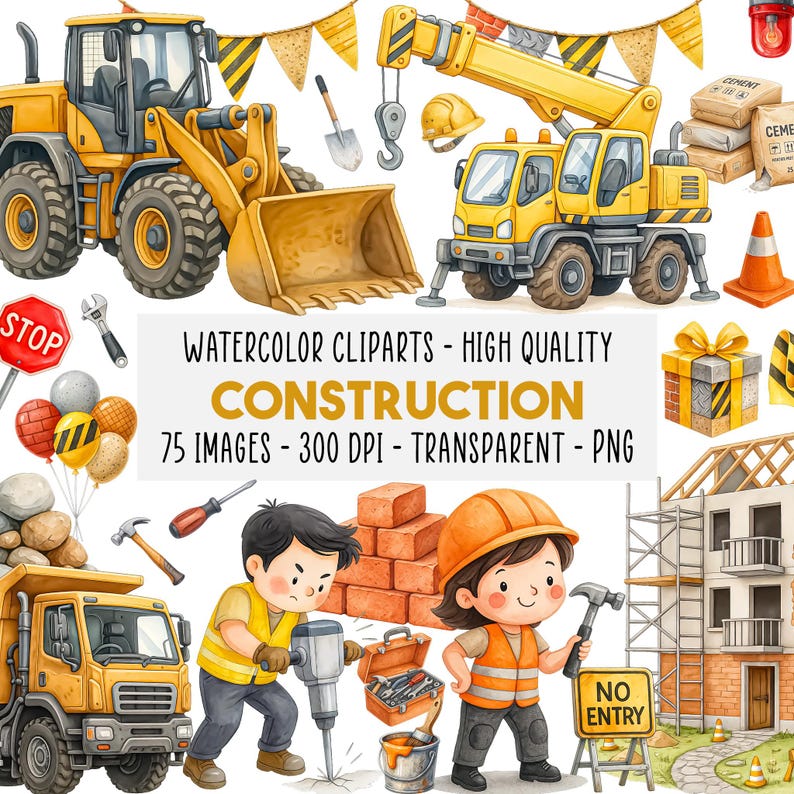 75 Construction Watercolor Clipart PNG Bundle, Construction Vehicles ...