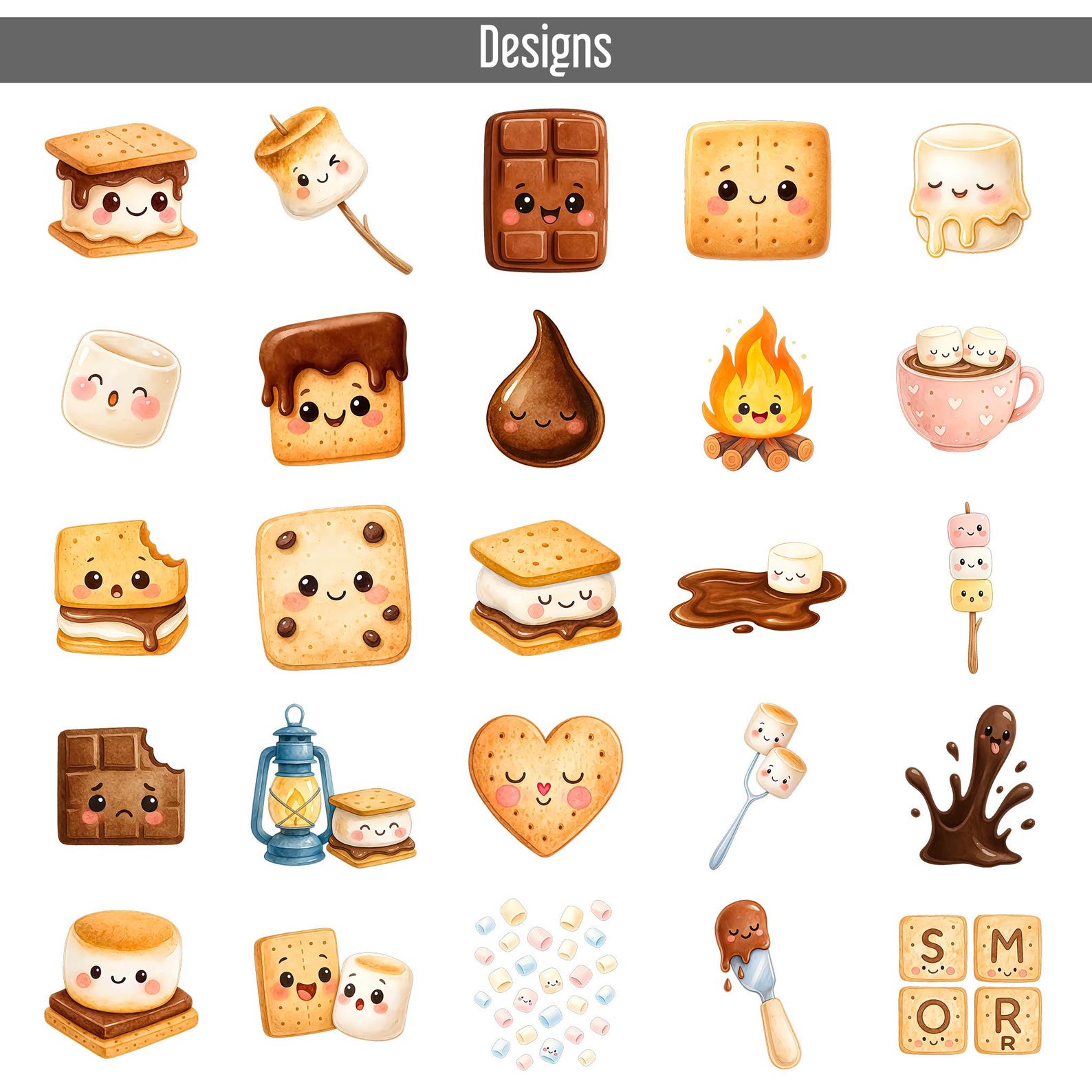 25 Kawaii Smores Clipart Set, PNG Cute Marshmallow, Chocolate Graham ...