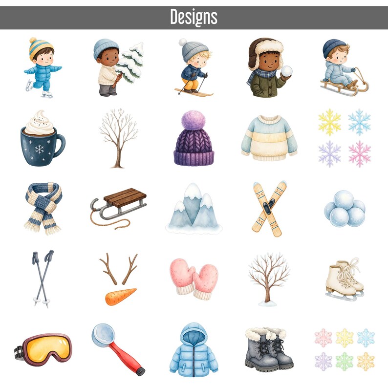 50 Winter Kids Clipart Bundle, PNG, Snow Fun, Ski, Snowboard, Snowman ...