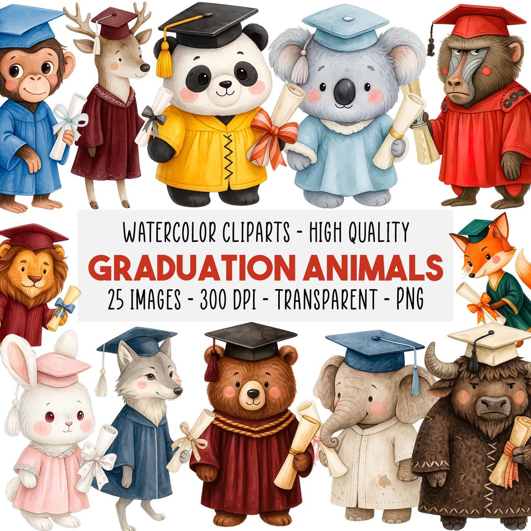 25 Graduation Animals Clipart PNG, Cute Watercolor Diploma Animal ...