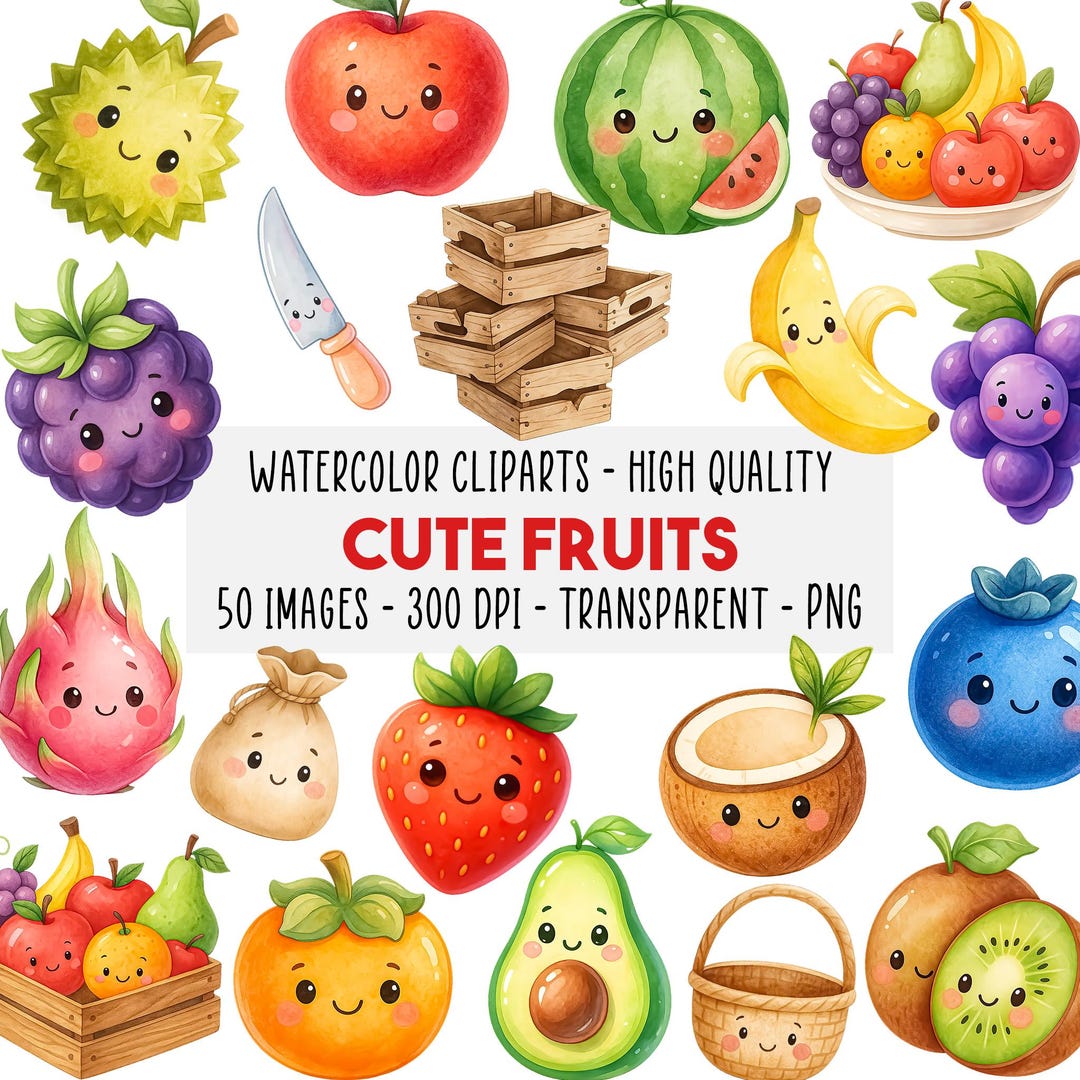 50 Cute Fruits PNG Clipart Bundle, Kawaii Fruit Illustrations ...
