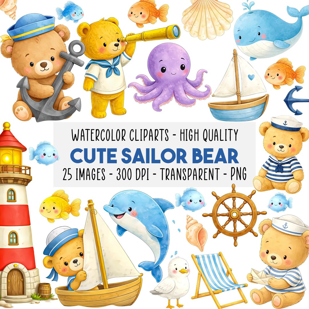 25 Cute Sailor Bear Clipart PNG, Nautical Teddy Bear, Nursery Baby ...