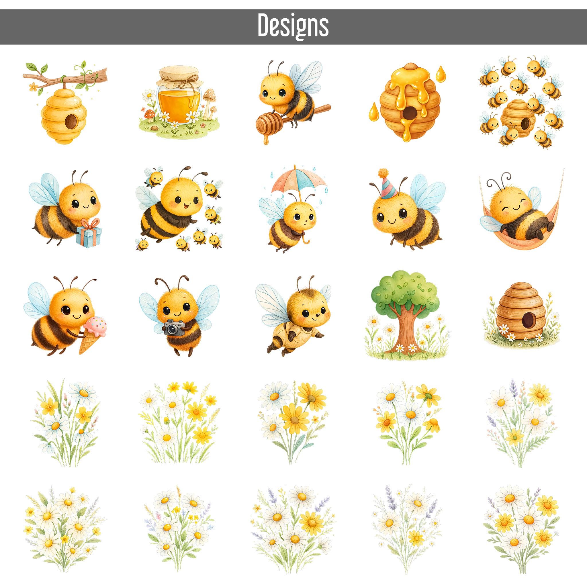 50 Cute Bee Clipart Set PNG, Whimsical Kawaii Bees, Spring Flowers ...