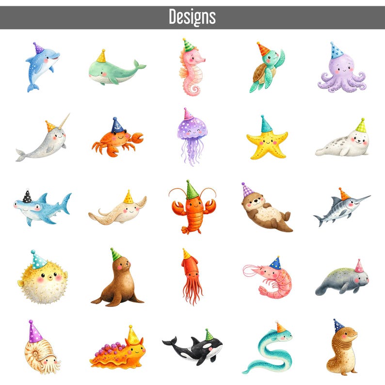 25 Cute Ocean Birthday Clipart, PNG Set, Watercolor Sea Animals, Party ...