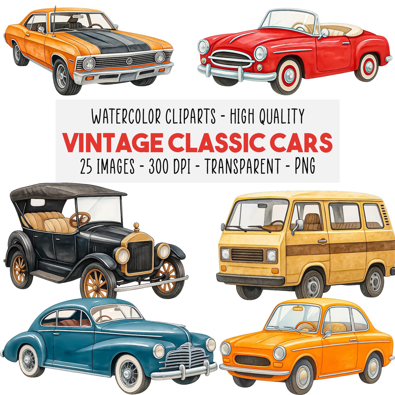 25 Vintage Classic Cars Watercolor Clipart Bundle, Retro & Classic ...