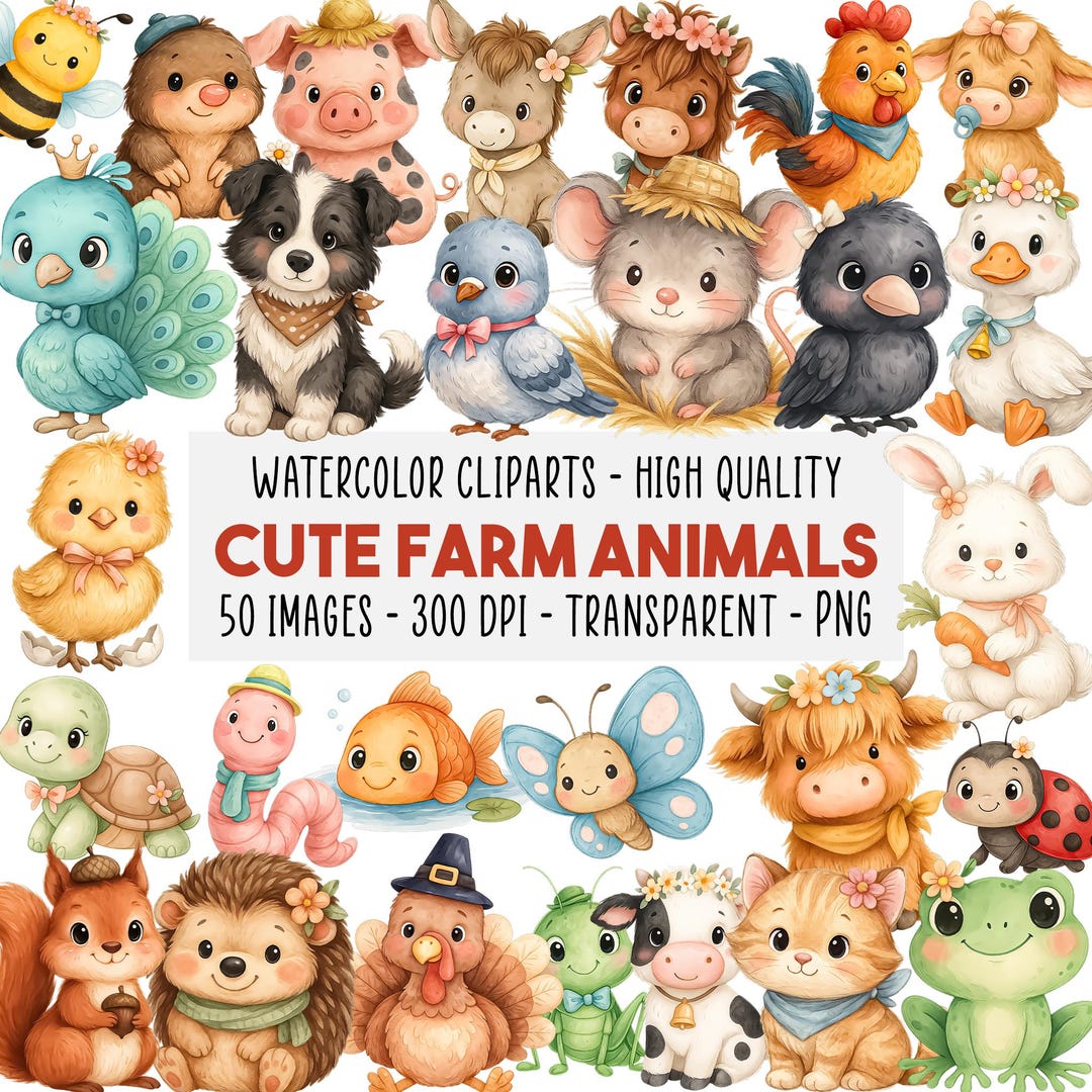 50 Cute Farm Animals PNG Bundle, Watercolor Farm Clipart Set, Cow, Pig ...