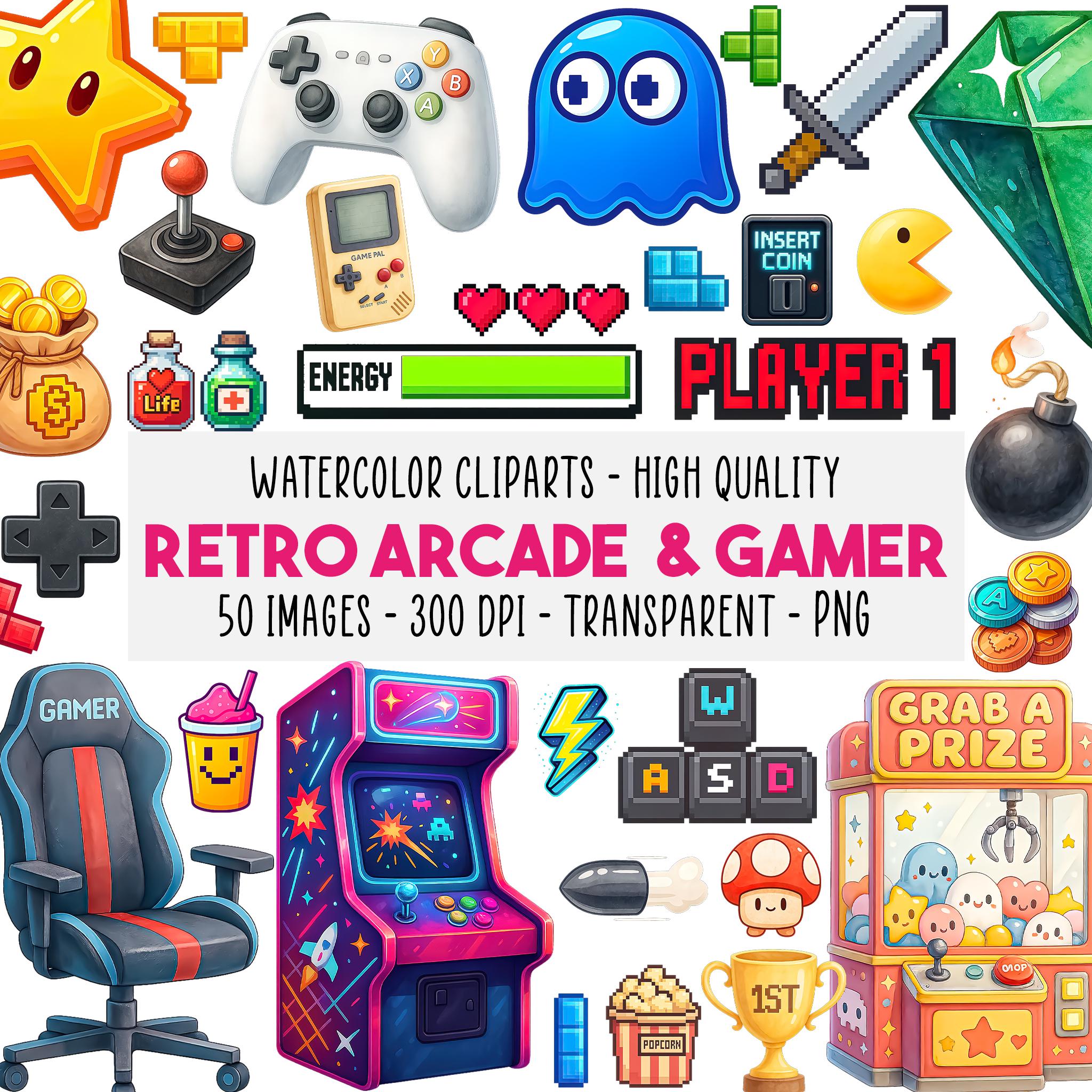 50 Retro Gaming Clipart Bundle, Arcade Gamer PNG, Neon Game Over, Claw ...