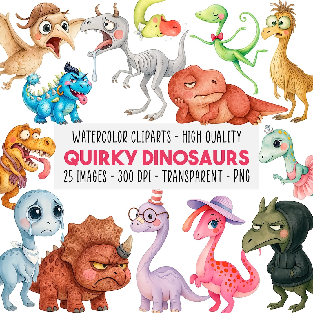 25 Quirky Dinosaurs Watercolor Clipart Bundle PNG, Funny Whimsical ...
