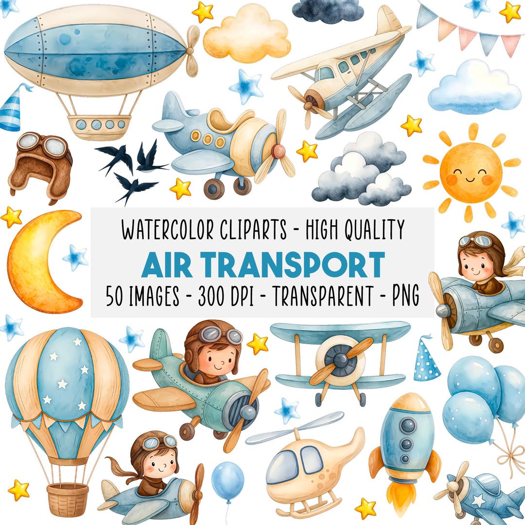 50 Air Transport Watercolor Clipart, Airplanes, Helicopters, Hot Air ...