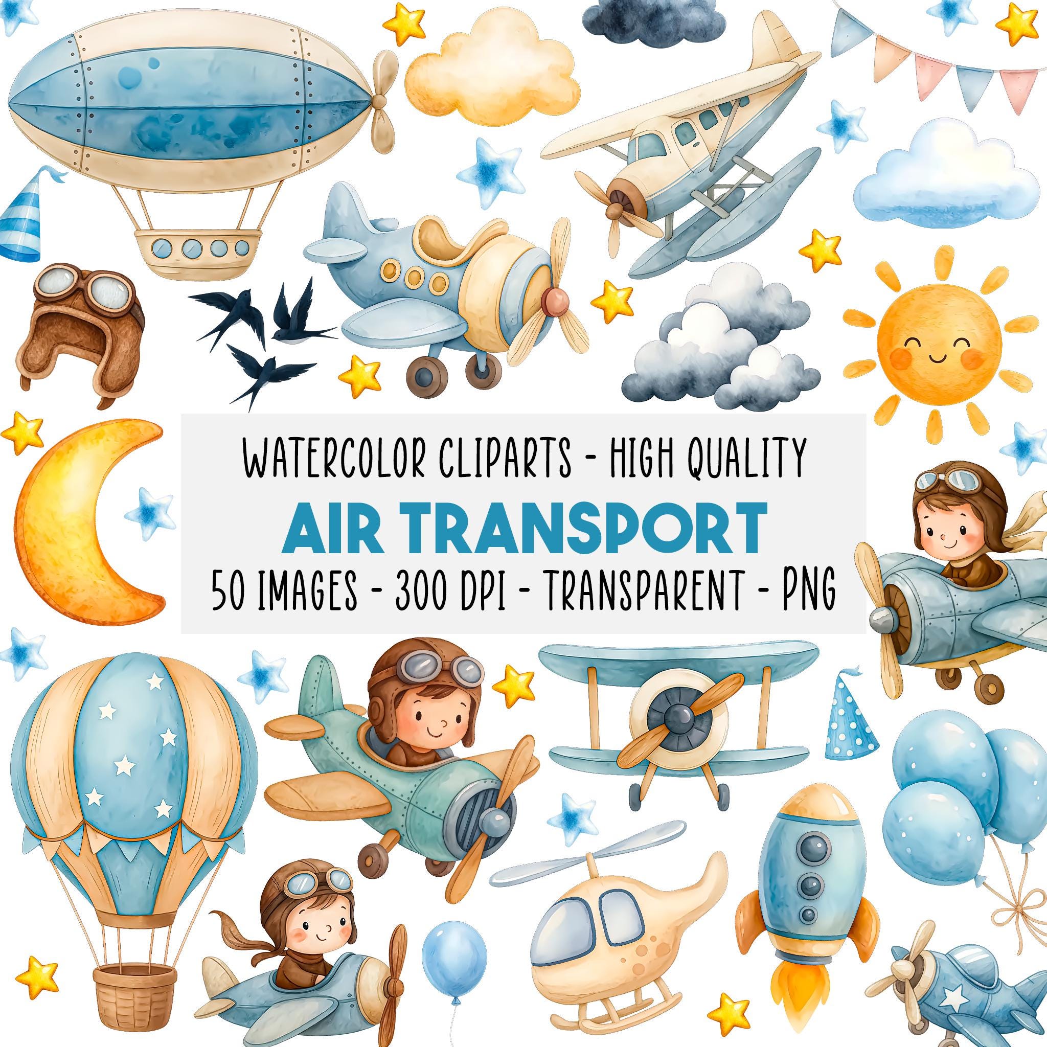 50 Air Transport Watercolor Clipart, Airplanes, Helicopters, Hot Air ...