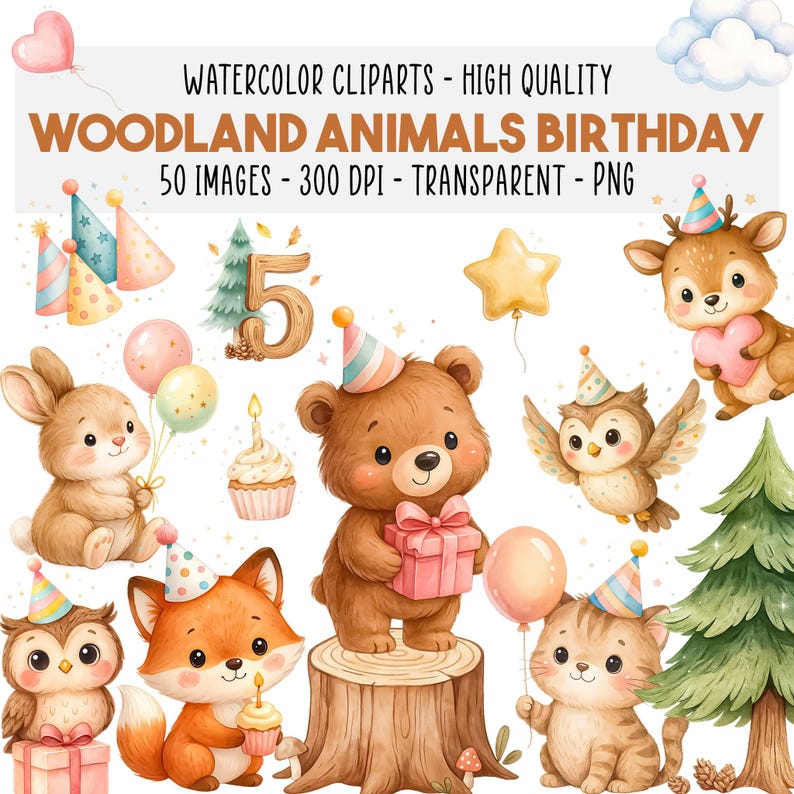 50 Woodland Animals Birthday PNG Clipart, Cute Forest Party, Kids Baby ...