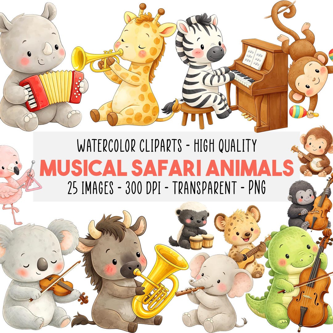 25 Baby Safari Animals Playing Musical Instruments Clipart, PNG Set ...