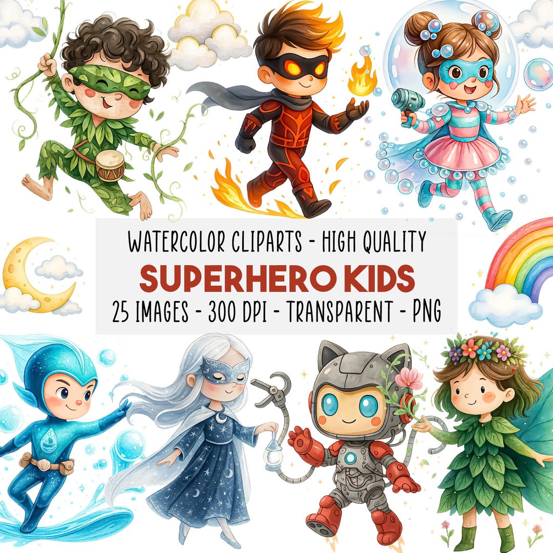 25 Superhero Kids Clipart Bundle PNG, Cute Watercolor Superheroes Boy ...