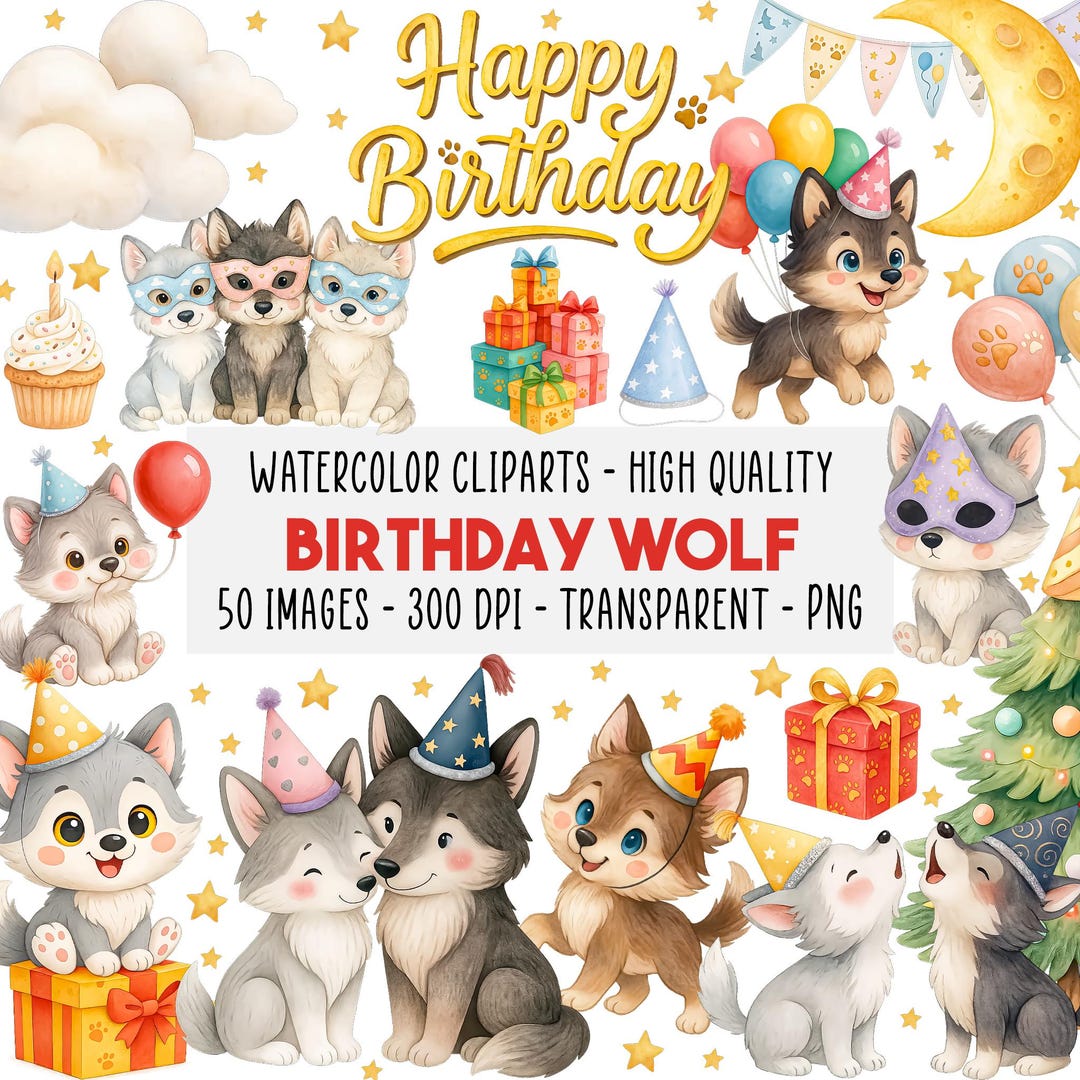 50 Birthday Wolf Watercolor Clipart PNG Bundle, Cute Baby Wolves Party ...