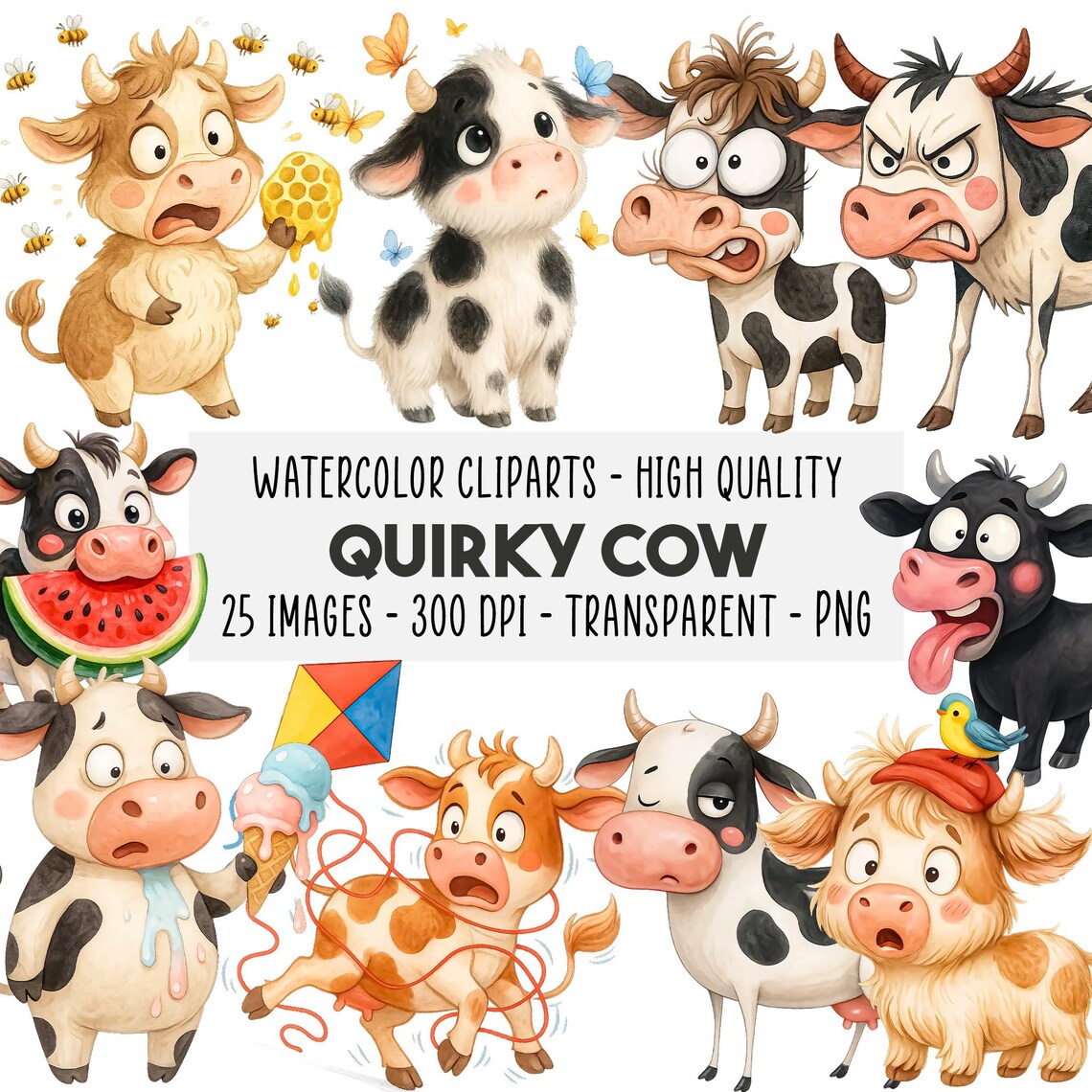 25 Funny Quirky Cow Clipart PNG Set, Cute Watercolor Cows, Funny Farm ...