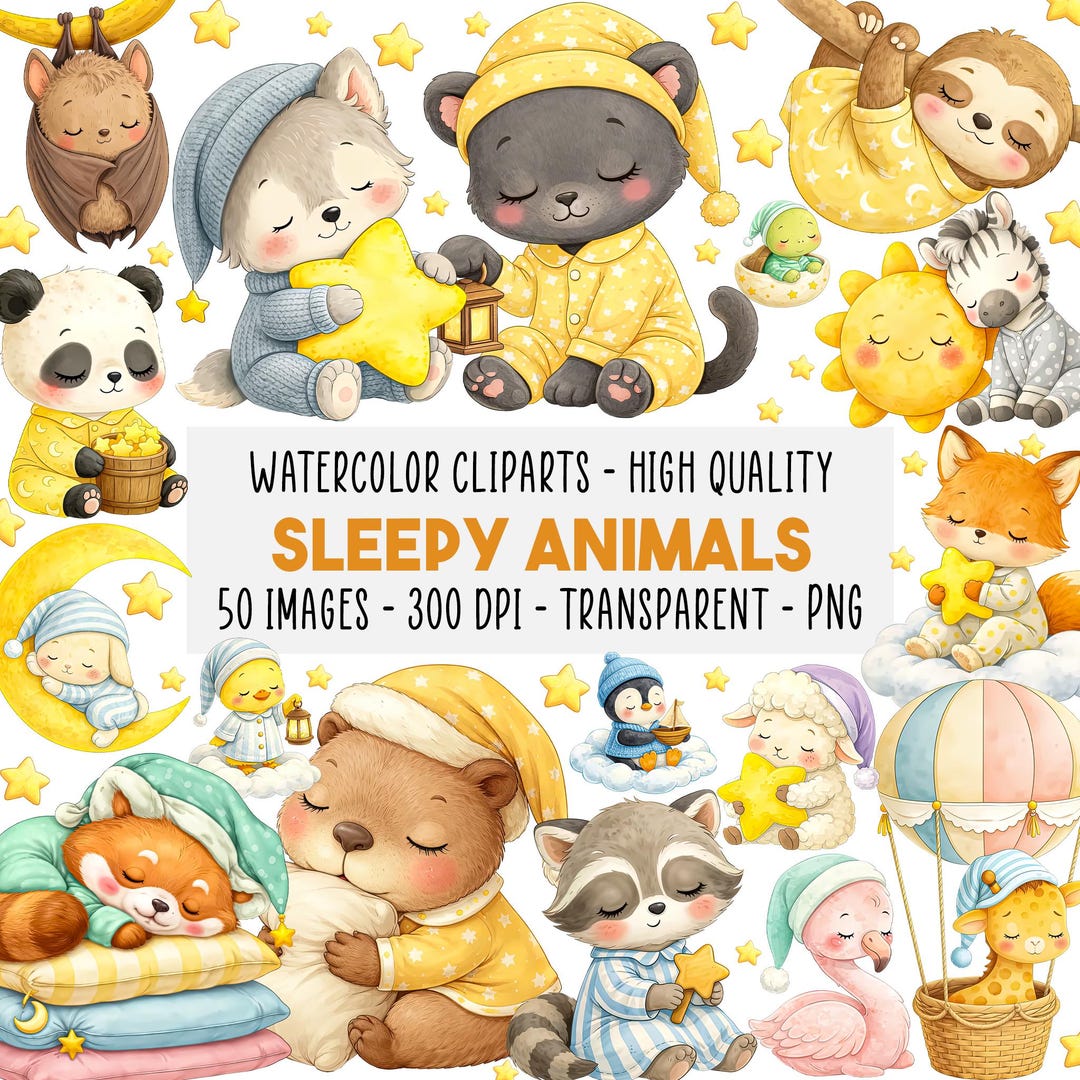 50 Sleepy Animals Clipart PNG Set, Cute Baby Animals, Nursery ...