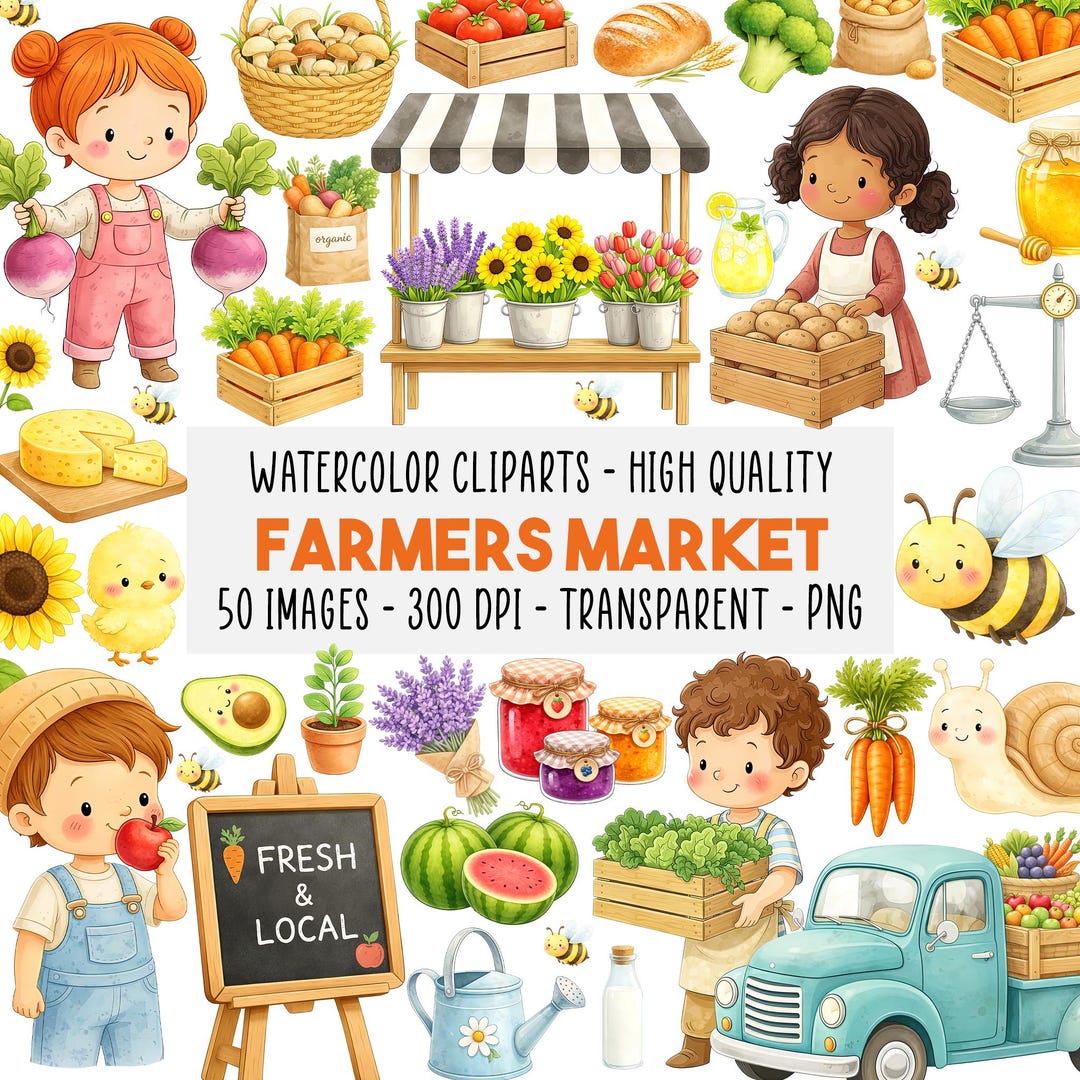 50 Farmers Market Clipart PNG Bundle, Watercolor Farm People, Fruit ...
