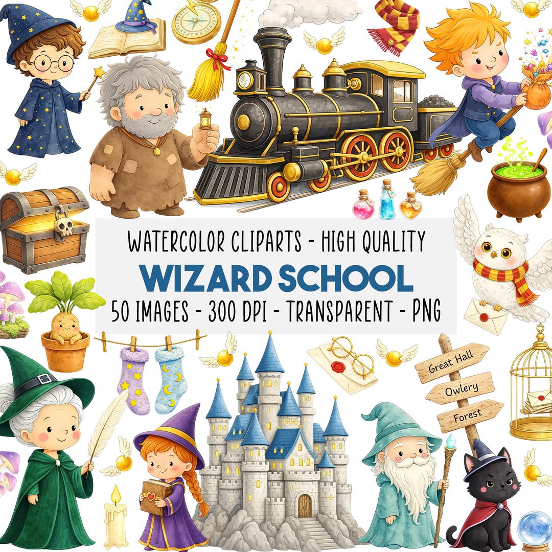 50 Magical Wizard School Clipart PNG Bundle, Young Wizards, Witches ...