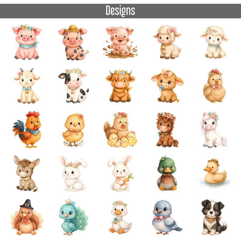 50 Cute Farm Animals PNG Bundle, Watercolor Farm Clipart Set, Cow, Pig ...