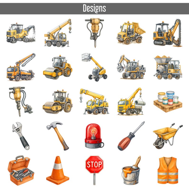 75 Construction Watercolor Clipart PNG Bundle, Construction Vehicles ...