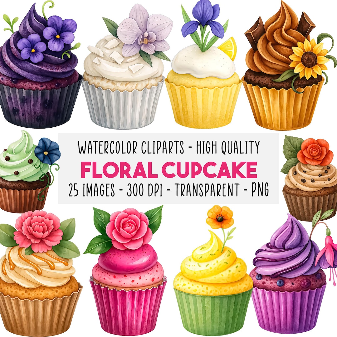 25 Floral Cupcake Clipart PNG Set, Watercolor Dessert Cake Images ...