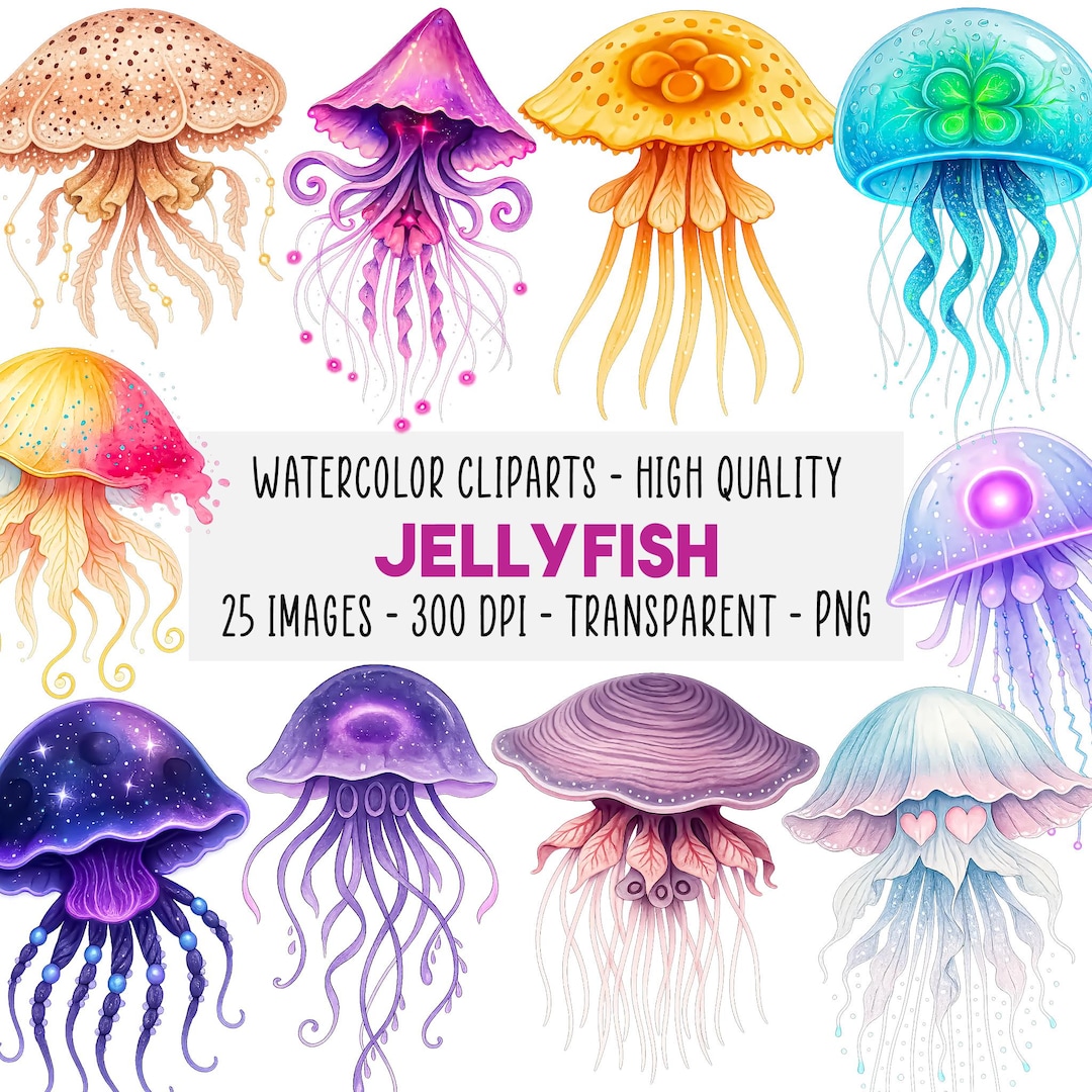 25 Jellyfish Watercolor Clipart PNG Bundle, Ocean Sea Life Set ...