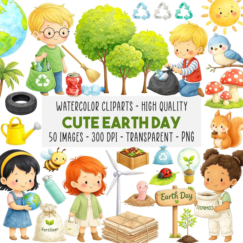 50 Cute Earth Day Clipart, Eco Friendly Kids Recycling, Go Green ...