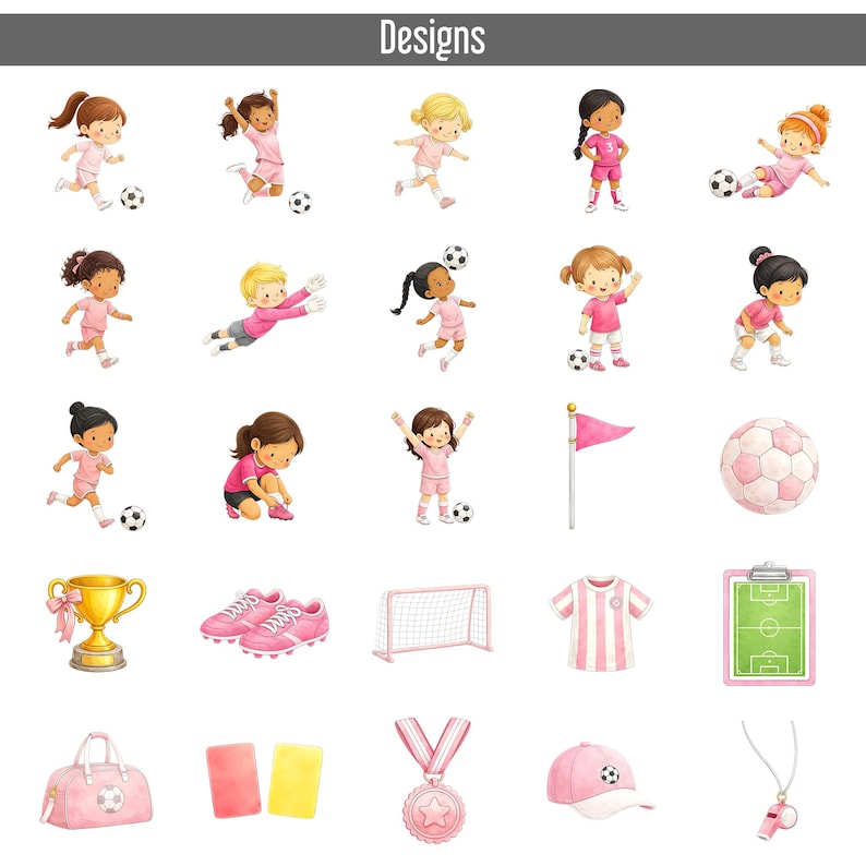 25 Pink Watercolor Soccer Clipart PNG, Women Football Players, Cute ...