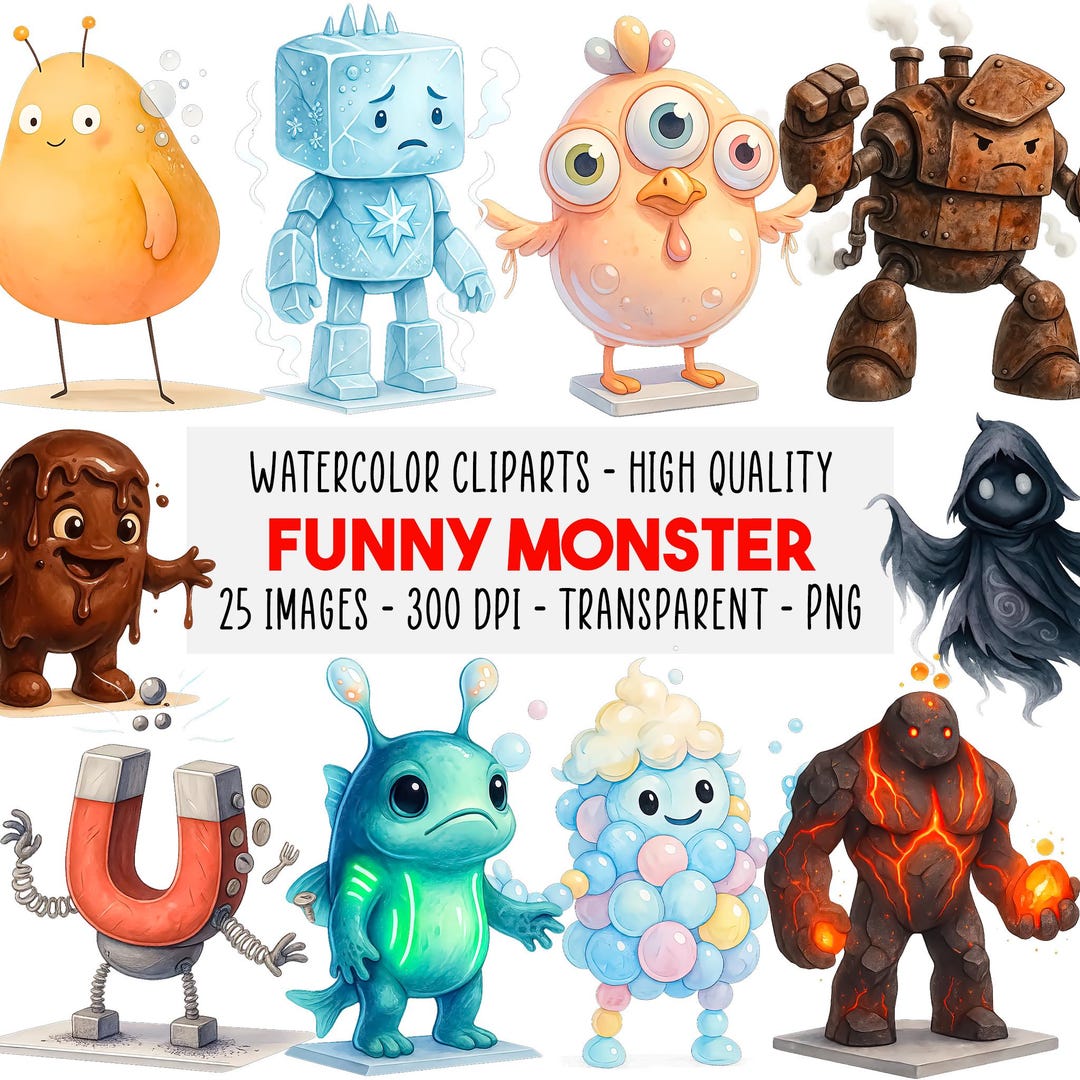 25 Quirky Monster Watercolor PNG Clipart, Cute Funny Fantasy Creatures ...
