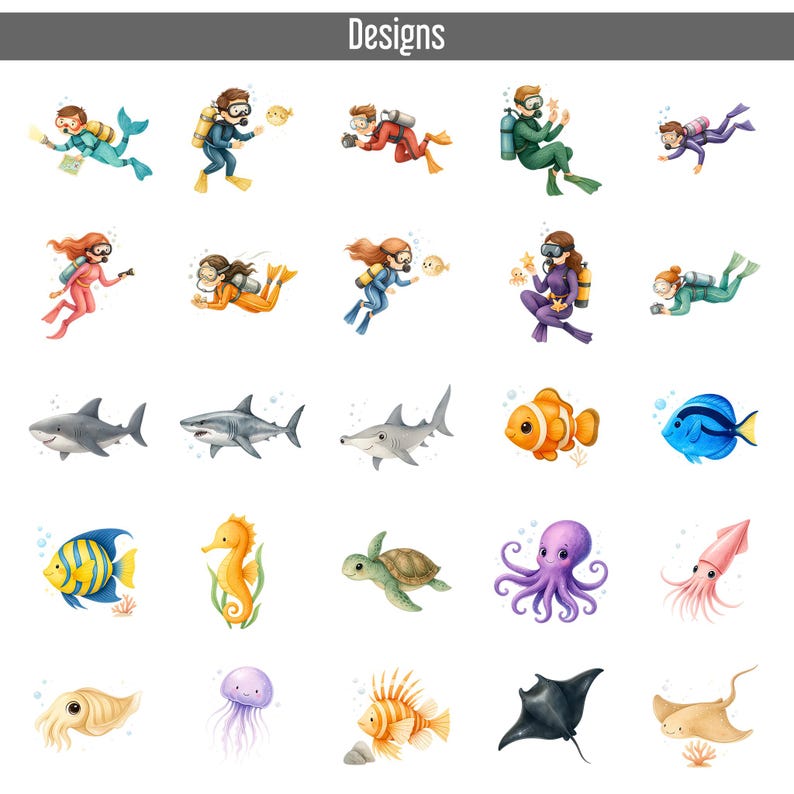 75 Under the Sea Clipart PNG Bundle, Watercolor Ocean Animals & Divers ...