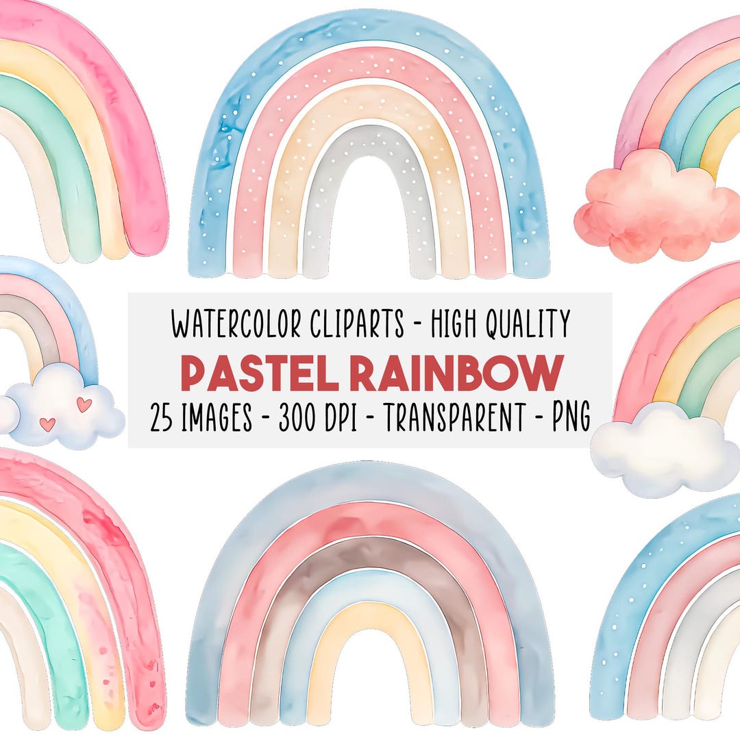 25 Pastel Rainbow Clipart PNG Set, Watercolor Boho Rainbow ...