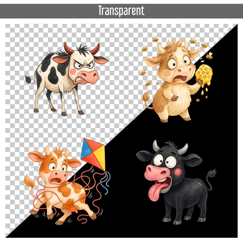 25 Funny Quirky Cow Clipart PNG Set, Cute Watercolor Cows, Funny Farm ...