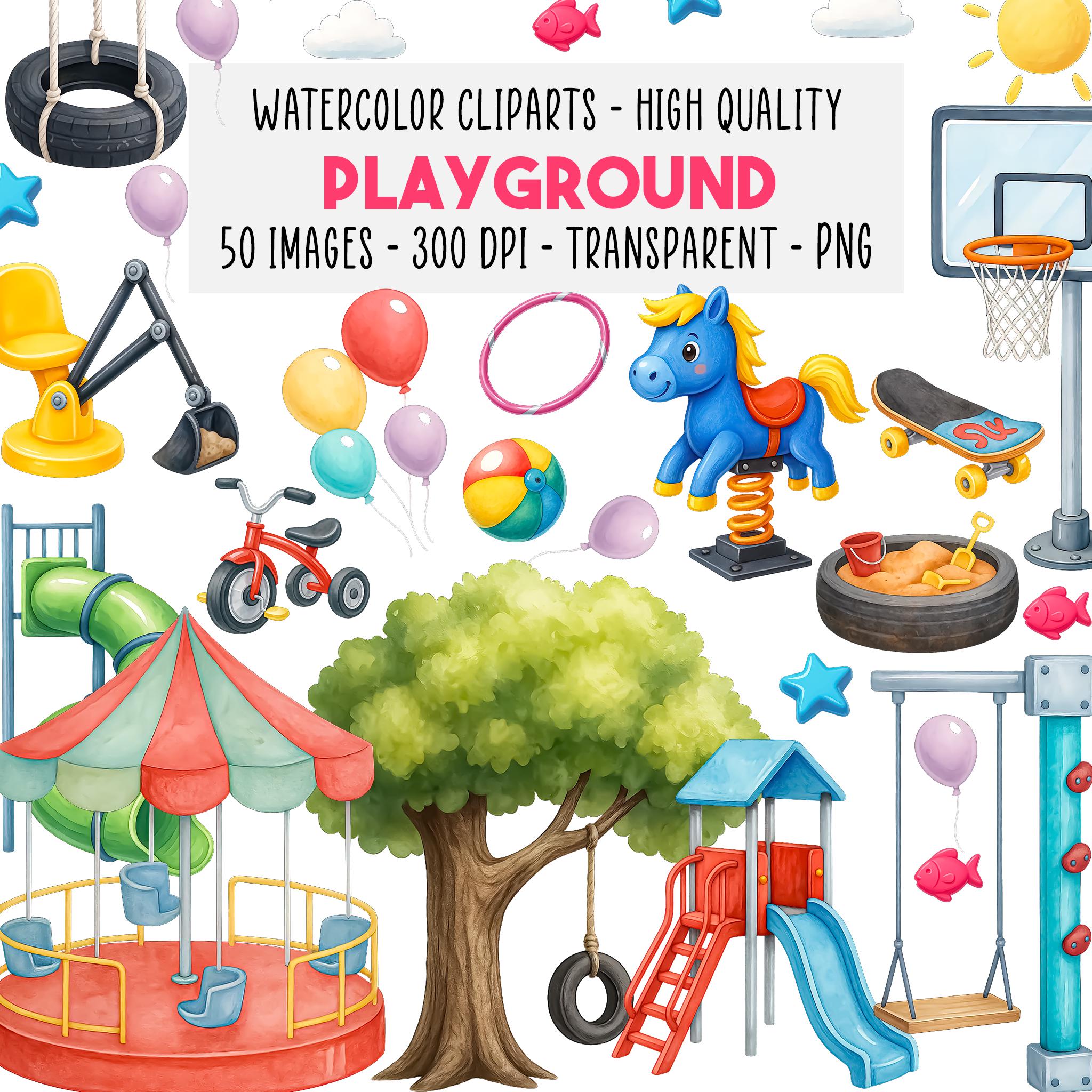 50 Playground Clipart Watercolor PNG Bundle, Slide, Swing, Sand Play ...