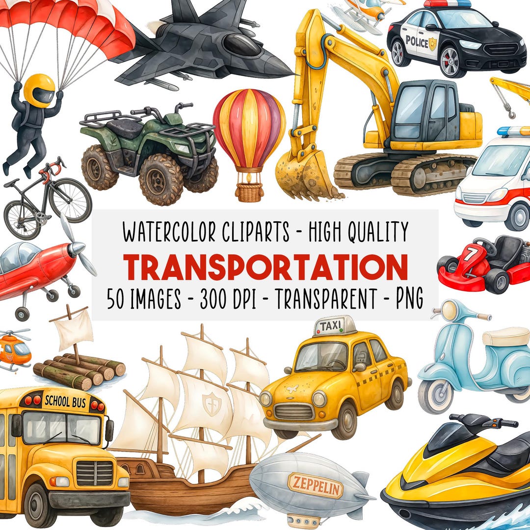 50 Vehicle Clipart Set, Vintage Cars Trucks Planes Ships Trains ...