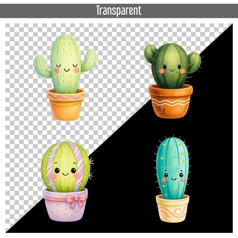 12 Cute Cactus Watercolor Clipart Bundle, Kawaii Cacti PNG Set, Happy ...