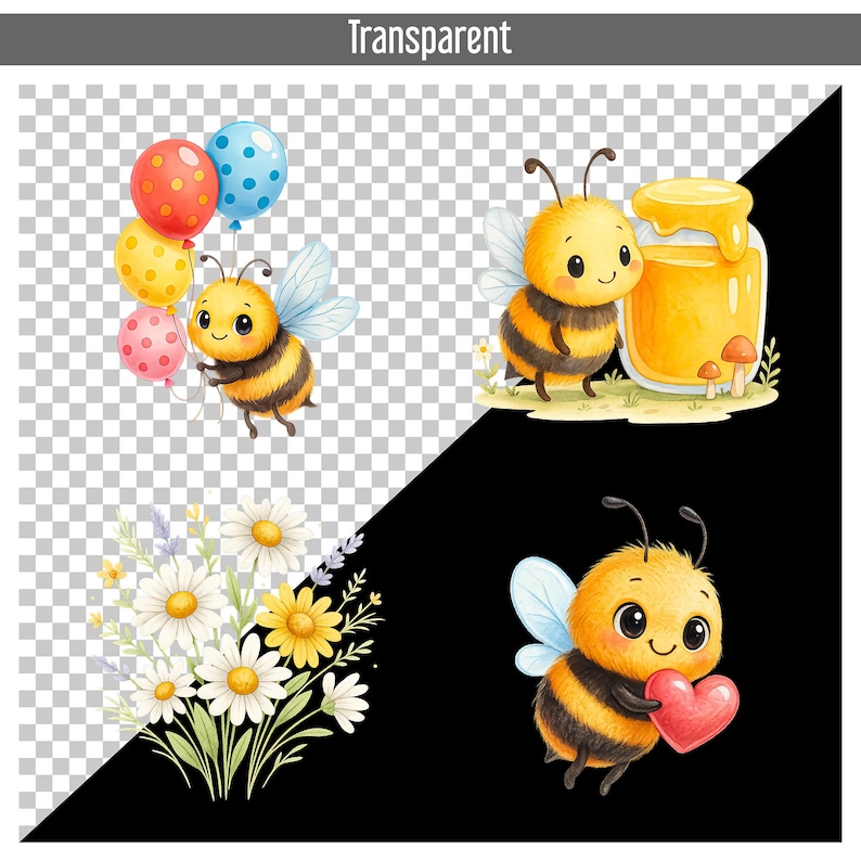 50 Cute Bee Clipart Set PNG, Whimsical Kawaii Bees, Spring Flowers ...