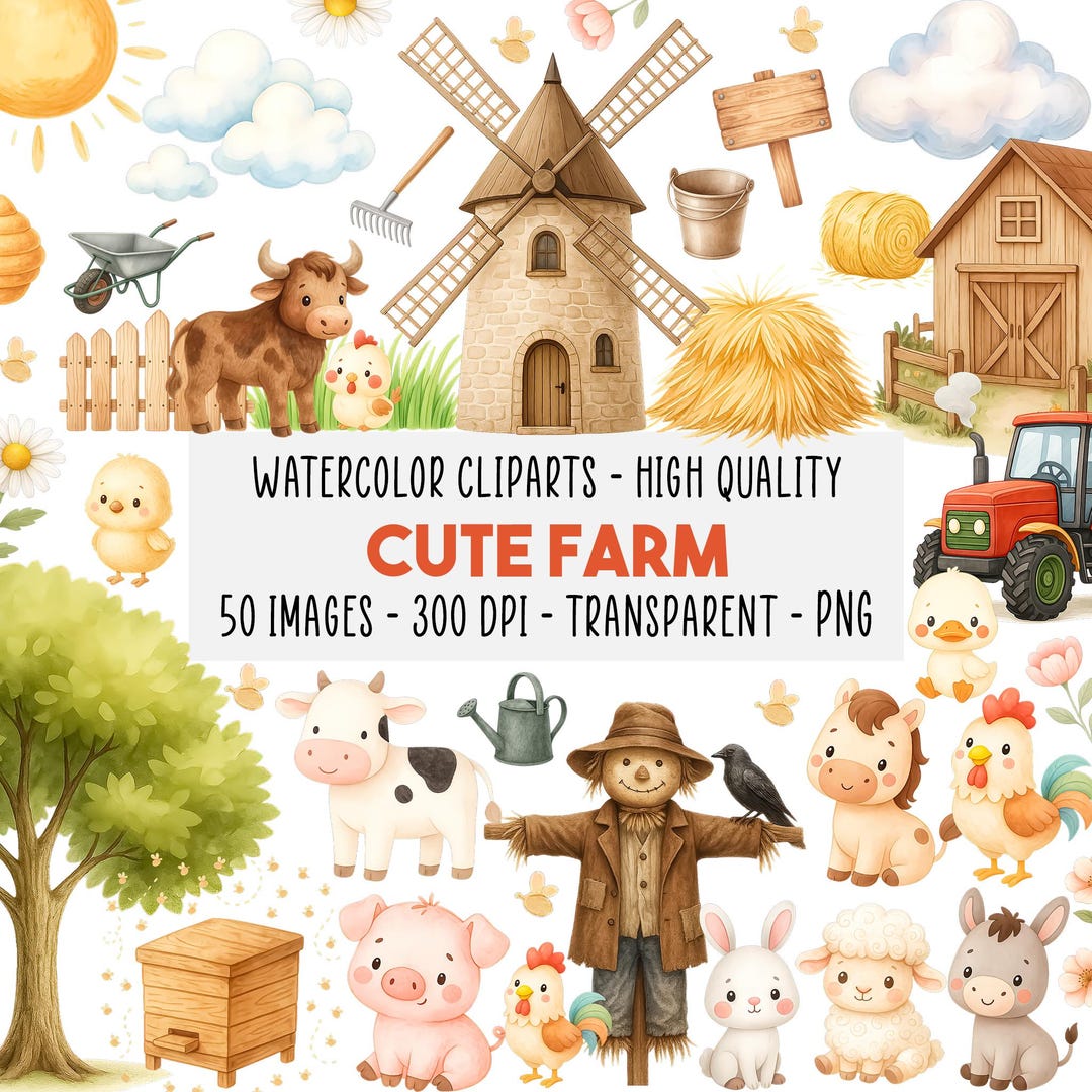 50 Farm Life Watercolor Clipart Pastel Bundle PNG Cute Farm Animals ...