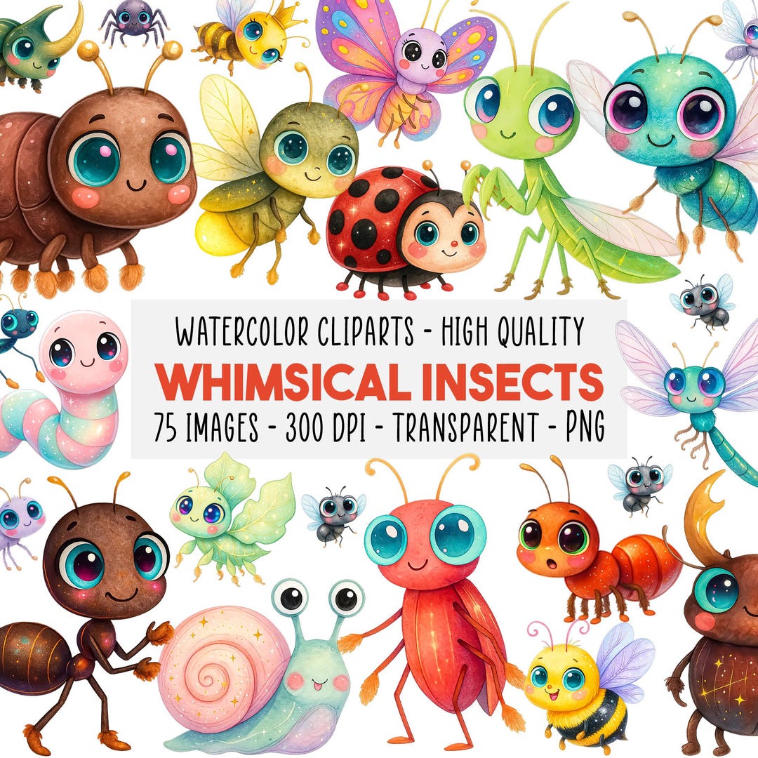75 Whimsical Insects Bugs Watercolor PNG Clipart, Cute Quirky Insects ...