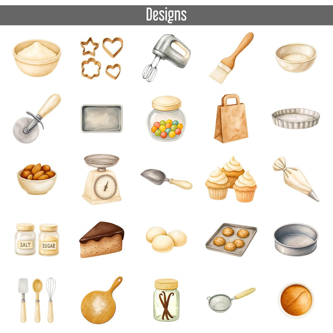 50 Neutral Baking Clipart Bundle, Watercolor Kitchen PNG Vintage Baking ...