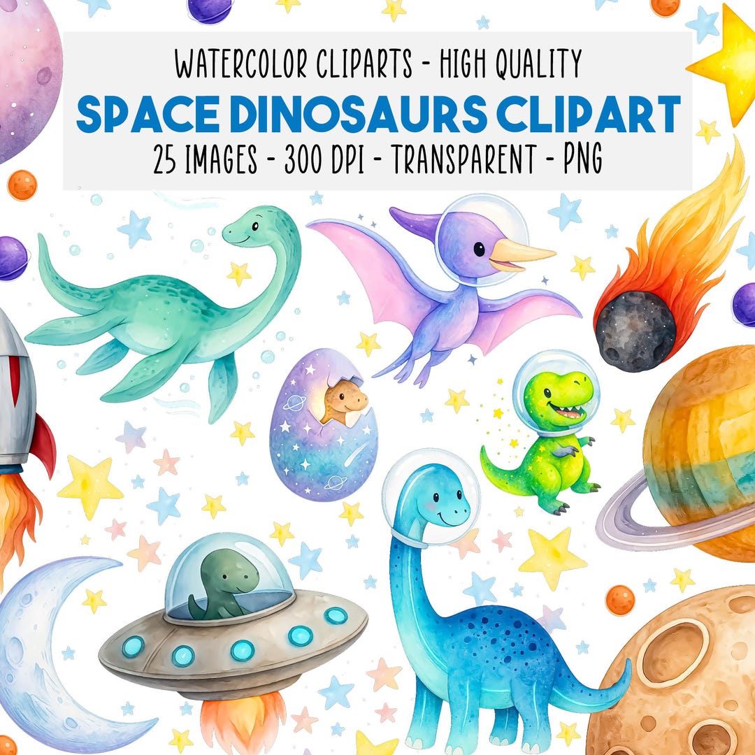 25 Space Dinosaur Watercolor Clipart PNG Set, Cute Astronaut Dino ...