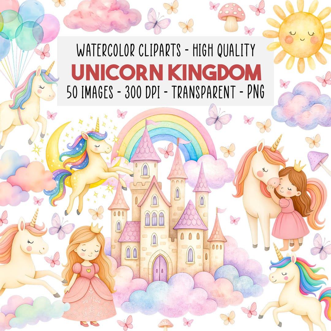 50 Unicorn and Princess Clipart Bundle PNG, Watercolor Pastel Unicorns ...