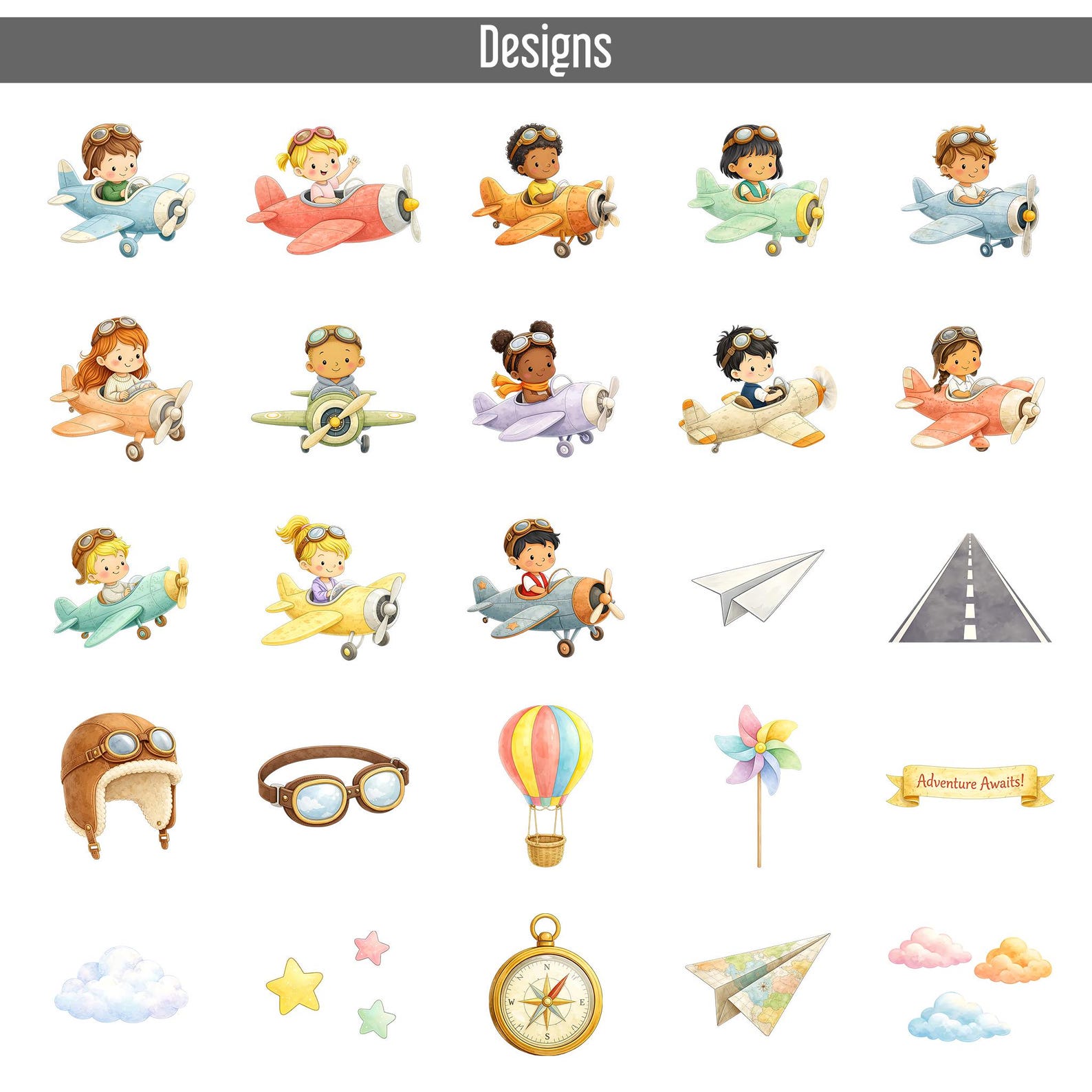 25 Little Aviator Clipart Set, Watercolor Kids Airplanes, Pilot ...