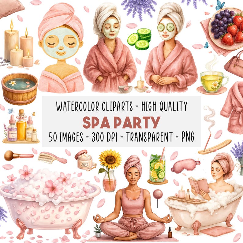 50 Spa Day Clipart PNG Bundle, Piece Cute Watercolor Spa, Self Care ...