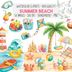 50 Summer Beach Clipart PNG Bundle, Tropical Ocean Coastal Holiday ...