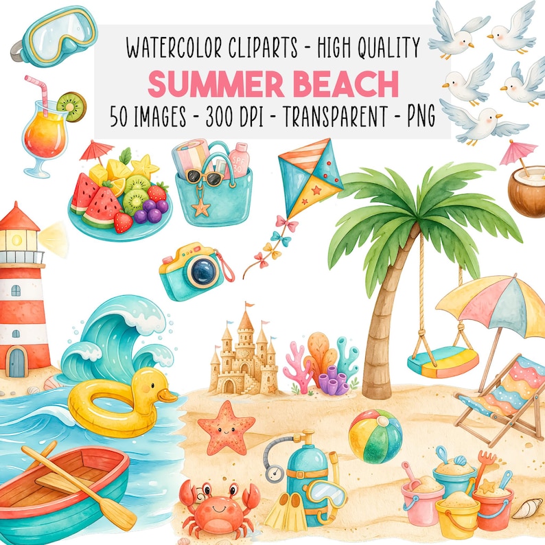 50 Summer Beach Clipart PNG Bundle, Tropical Ocean Coastal Holiday ...