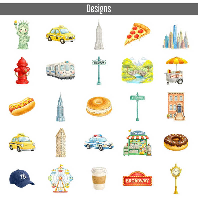 25 New York Clipart Set, NYC Landmarks Watercolor, Empire State, Statue ...