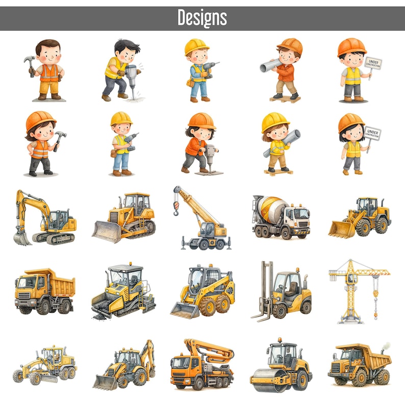 75 Construction Watercolor Clipart PNG Bundle, Construction Vehicles ...