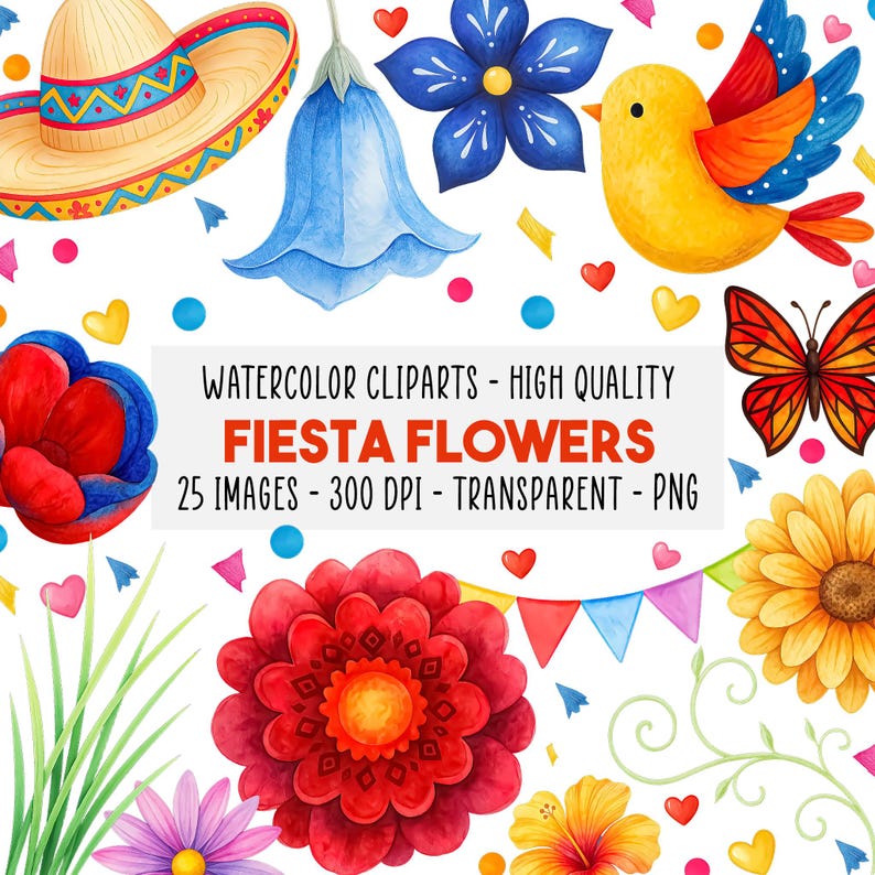 25 Fiesta Flowers Watercolor Clipart PNG, Bright Mexican Floral, Piñata ...